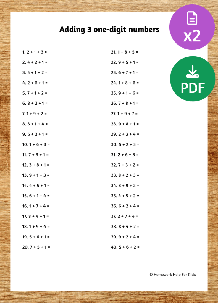 Adding 3 one-digit numbers worksheet - Homework Help For Kids